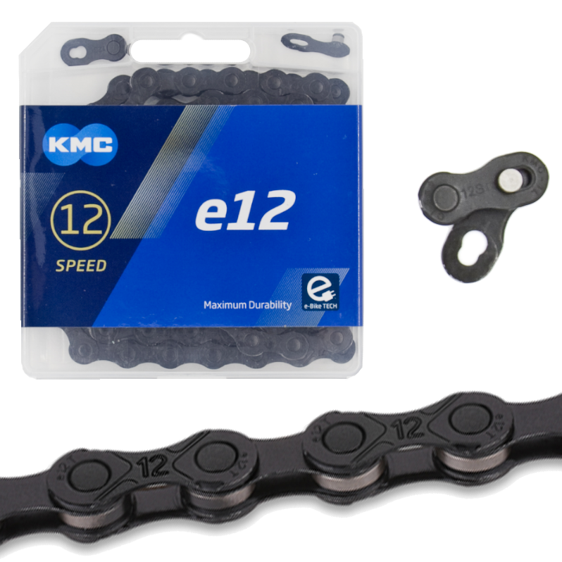 Łańcuch KMC E12 Black Tech, 12-rzędowy, E-bike, 130 ogniw, Box | sklep rowerowy Rowerek.pl